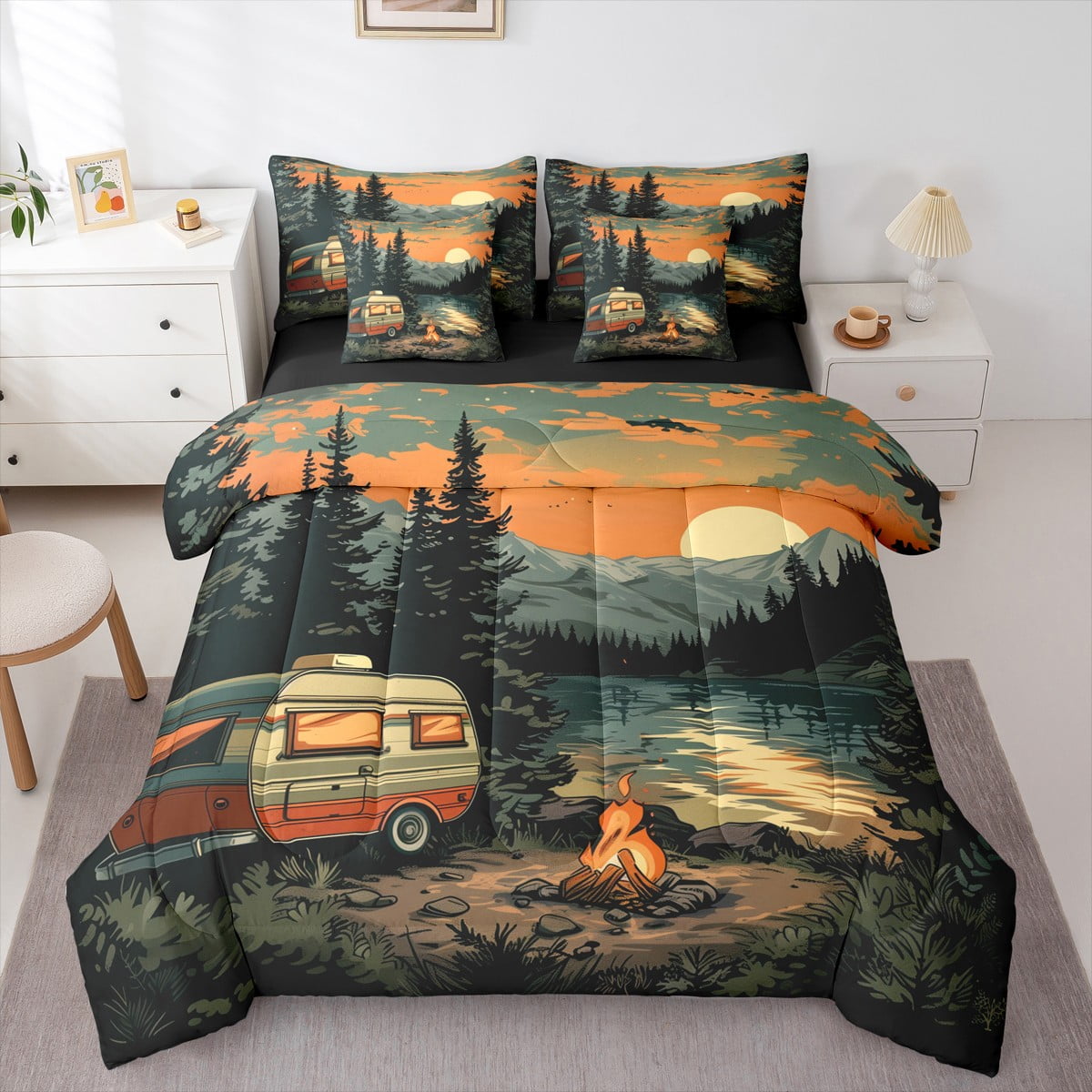 jejeloiu Camping Rv Bedding Comforter Set 7-Piece,Tropical Pine Tree ...
