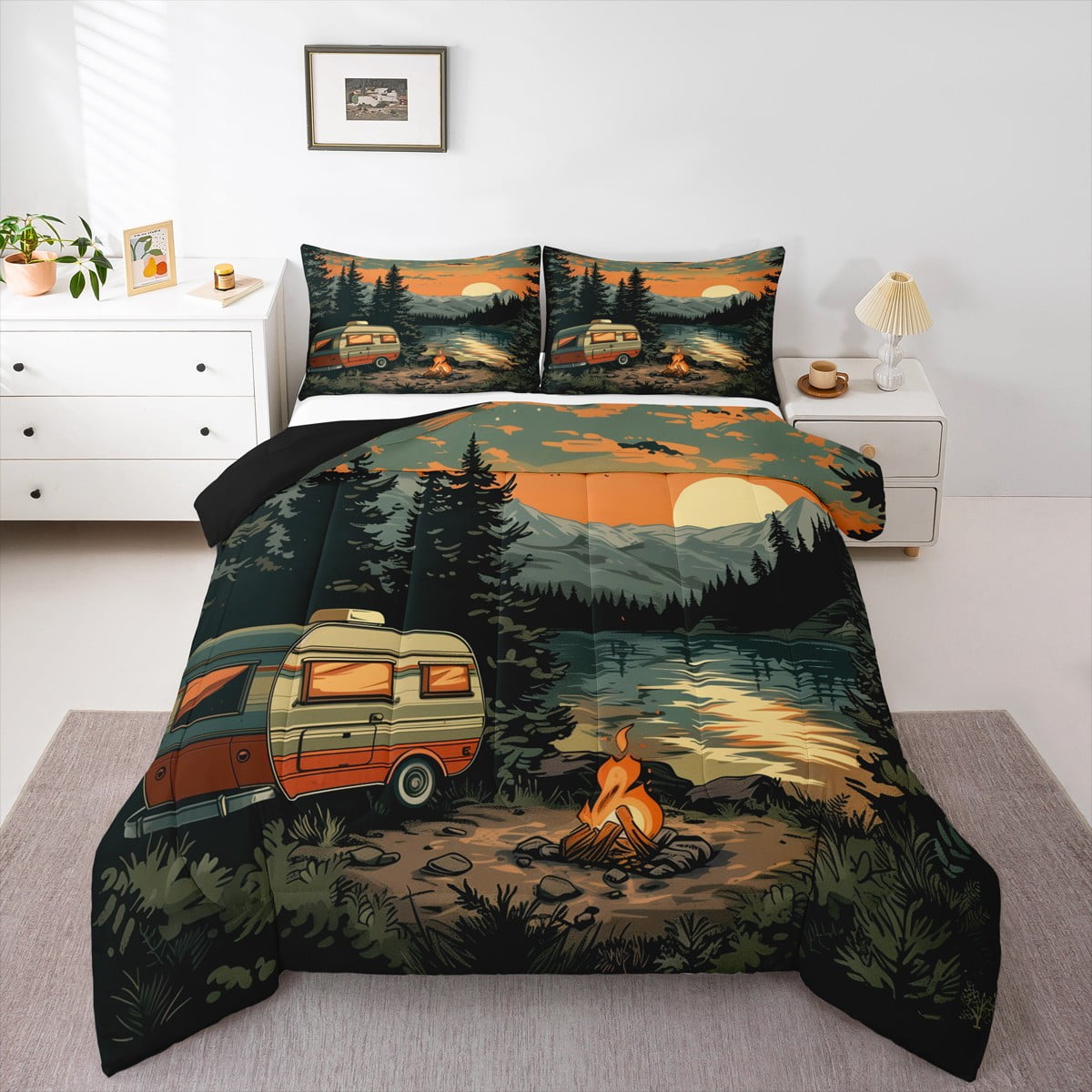 jejeloiu Camping Rv Bedding Comforter Set,Tropical Pine Tree Twin ...