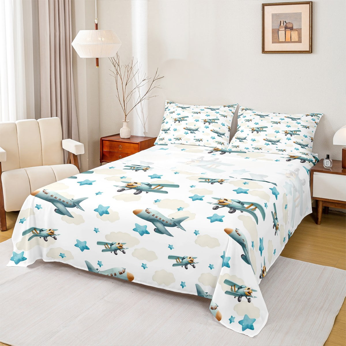 jejeloiu Cartoon Airplane Full Size Sheets,Vintage Aircraft Theme Bed ...