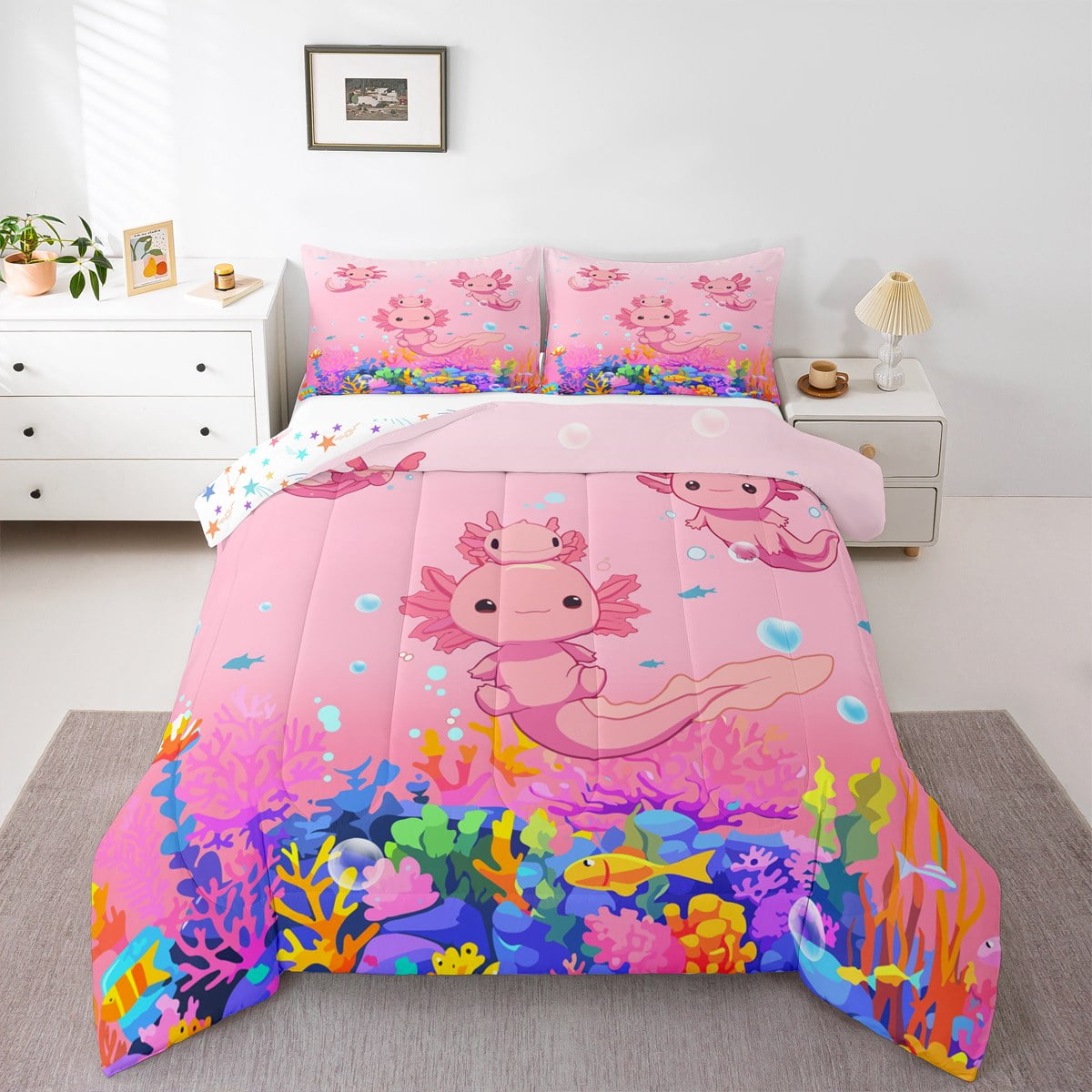 jejeloiu Cartoon Animal Axolotl Bedding Comforter Set,Ocean Sealife ...