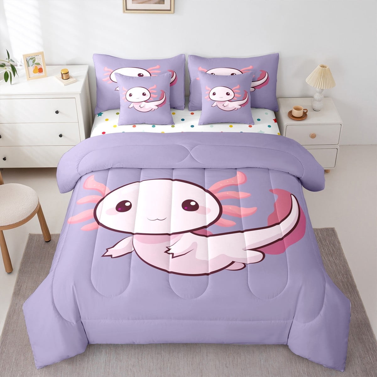 jejeloiu Cartoon Animal Axolotl Twin Bedding Sets 7-Piece,Watercolor ...