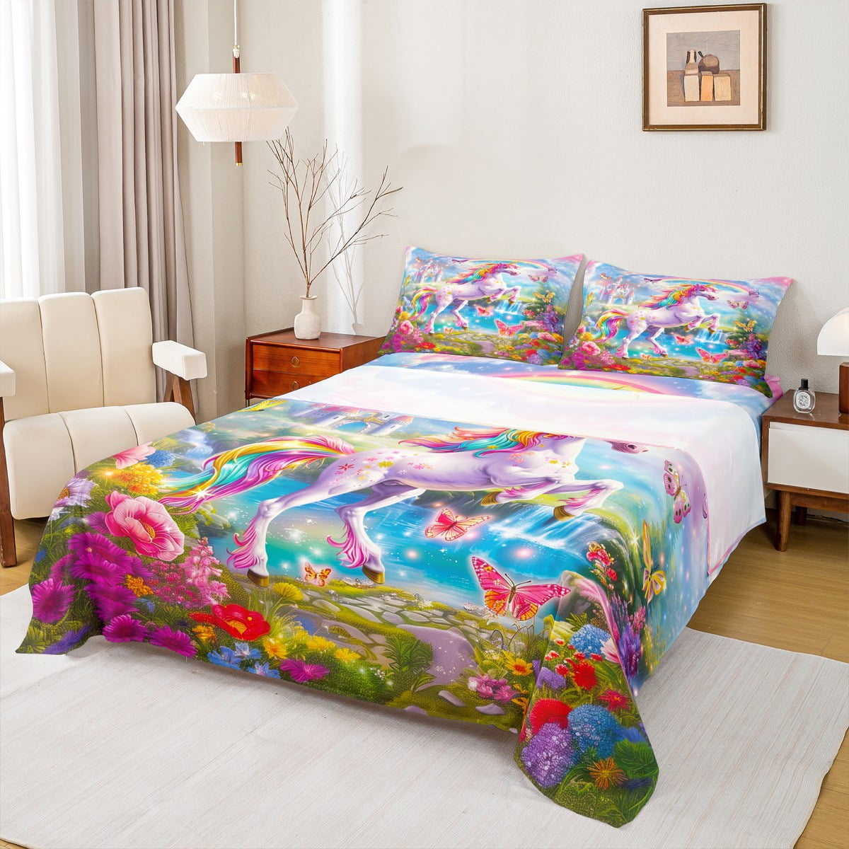 jejeloiu Cartoon Animal Unicorn Full Size Sheets,Chic Rainbow Castle ...