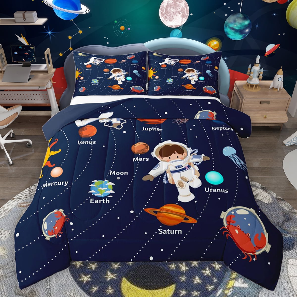 jejeloiu Cartoon Astronaut Queen Comforter Set,Outer Space Bedding Sets ...