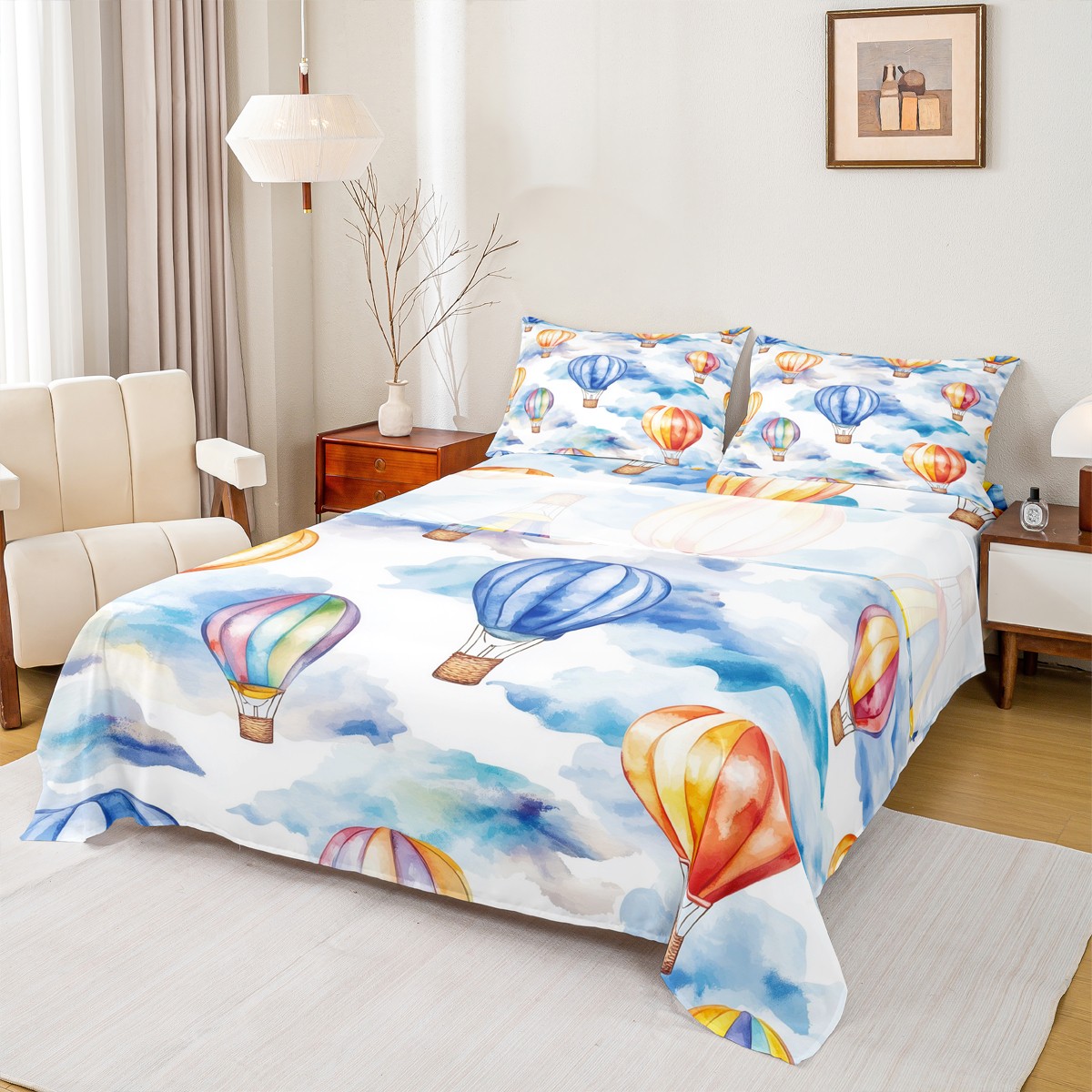 jejeloiu Cartoon Balloons Queen Sheet Sets,Watercolor Ink Painting Flat ...