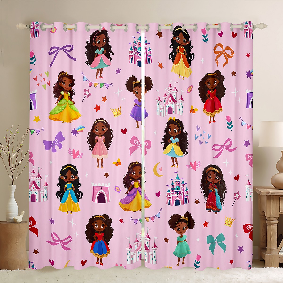 jejeloiu Cartoon Black Princess Curtains Pack of 2 (42x84 Each),Rainbow ...