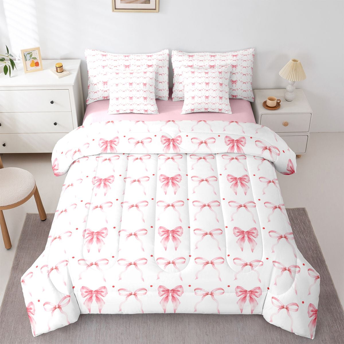 jejeloiu Cartoon Bow Knot 7pcs Bedding Comforter Set,Pink Polka Dots ...