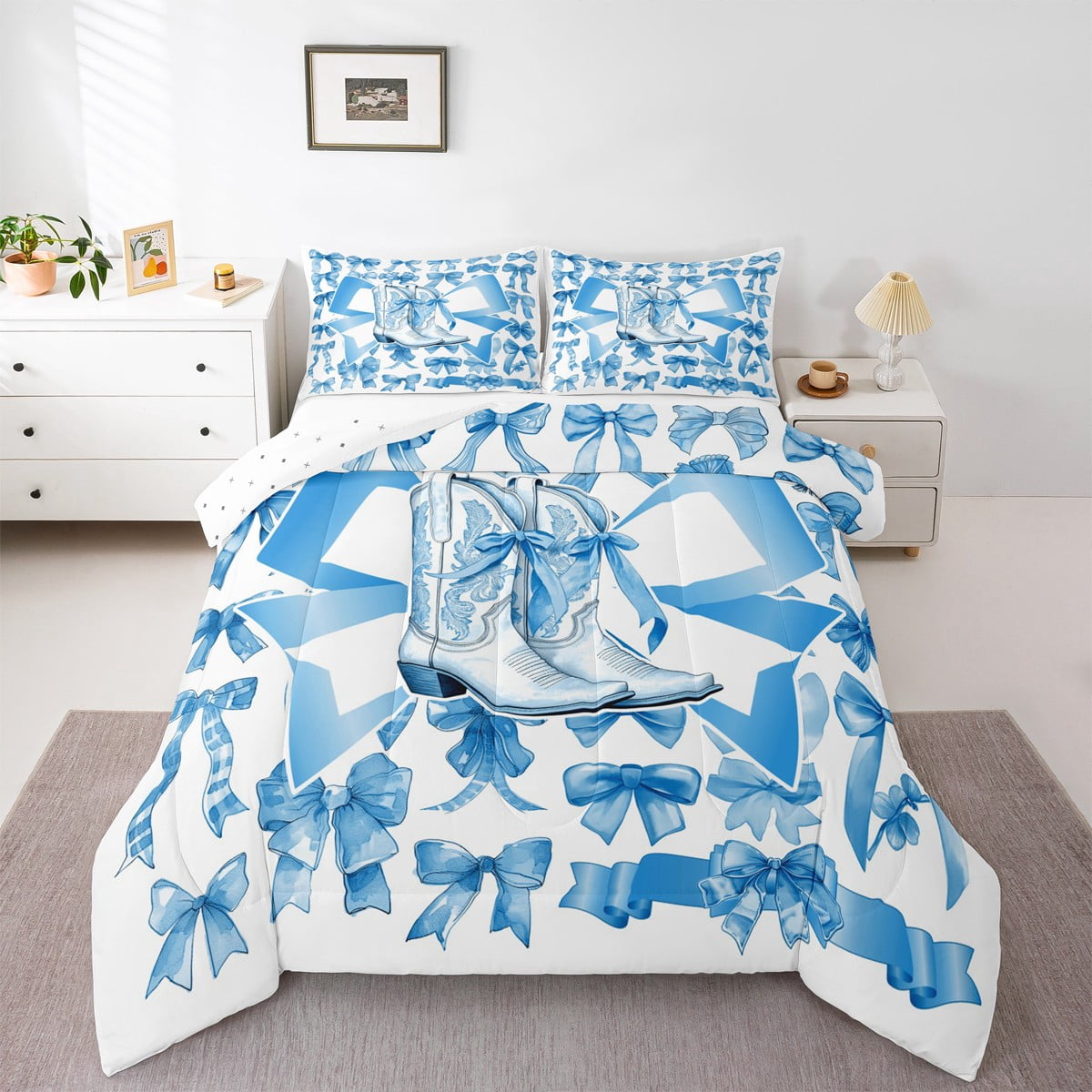 jejeloiu Cartoon Bow Tie Bedding Comforter Set,Blue Cowgirl Boot Twin ...
