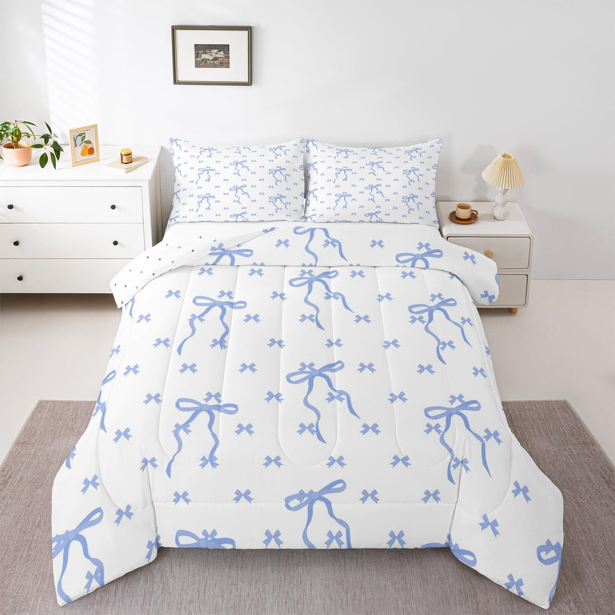jejeloiu Cartoon Bow Tie Queen Comforter Set,Blue White Bedding Sets ...