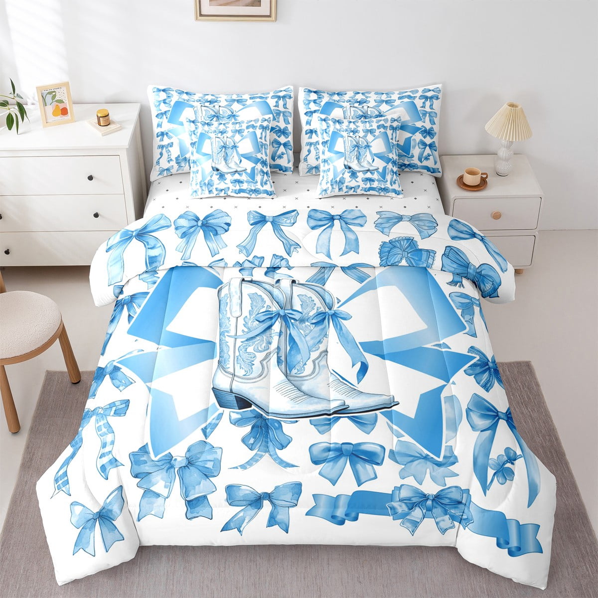 jejeloiu Cartoon Bow Tie Twin Bedding Sets 7-Piece,Blue Cowgirl Boot ...