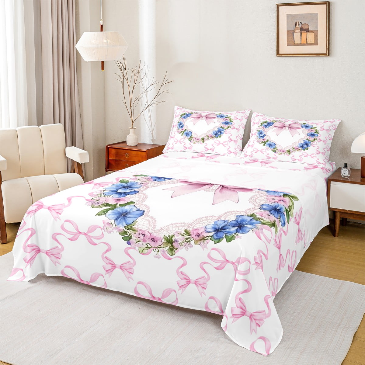 jejeloiu Cartoon Bowtie Full Size Sheets,Bow Bowknot Floral Bed Sheets ...