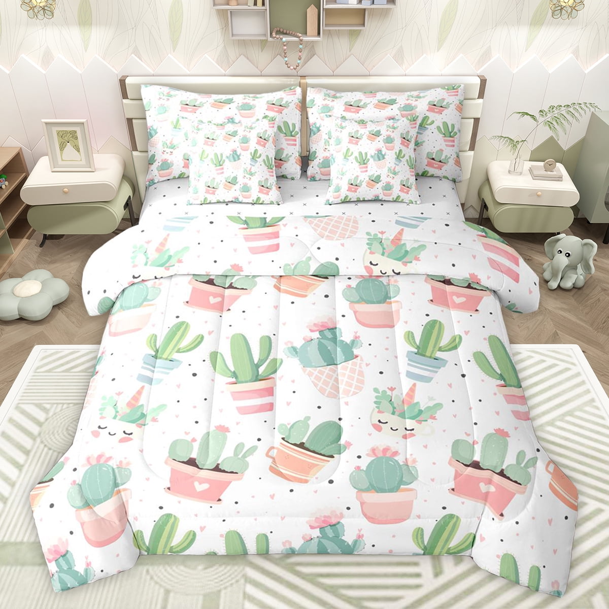 jejeloiu Cartoon Cactus 7pcs Bedding Comforter Set,Kawaii Unicorn Queen ...