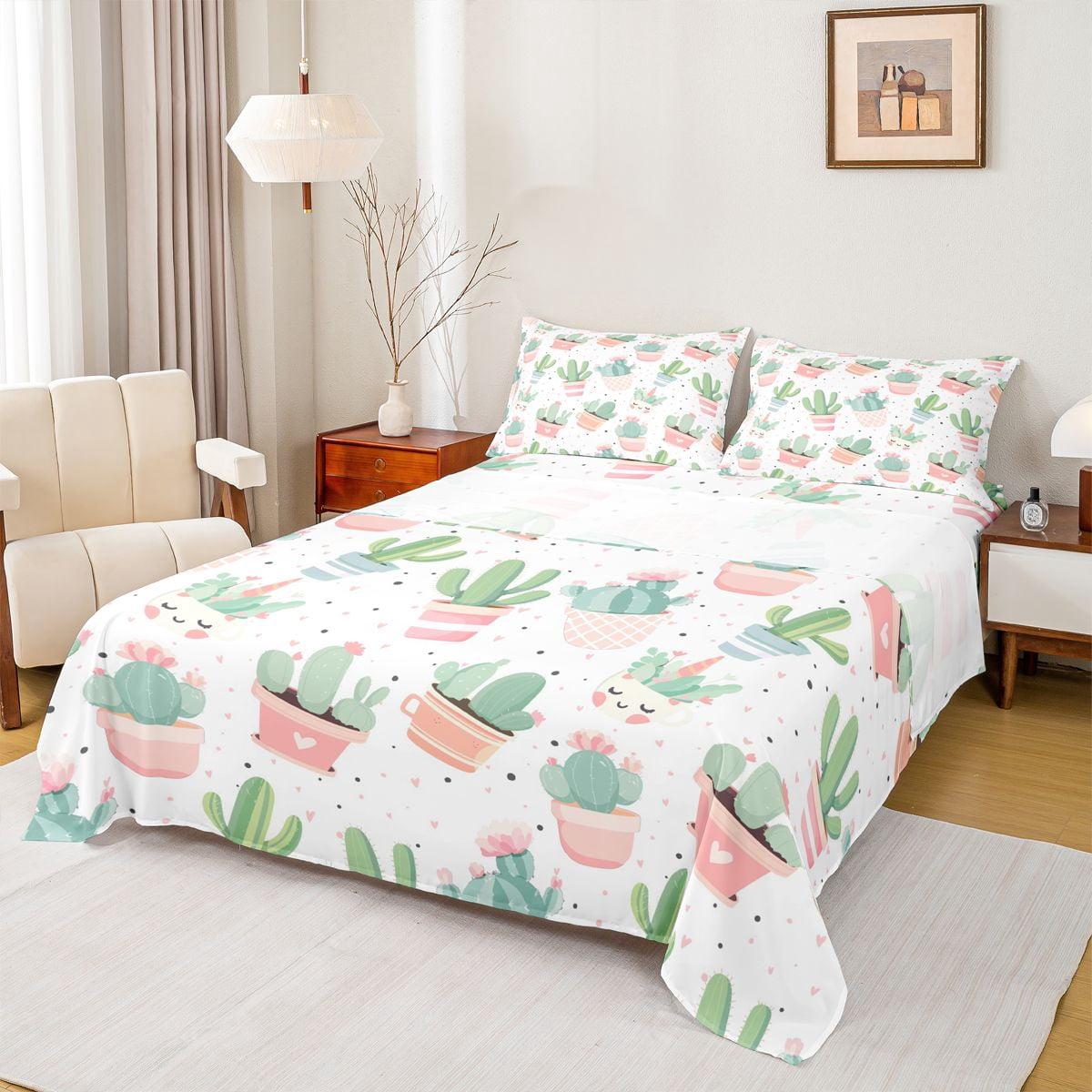 jejeloiu Cartoon Cactus Queen Sheet Sets,Kawaii Unicorn Flat Sheet ...