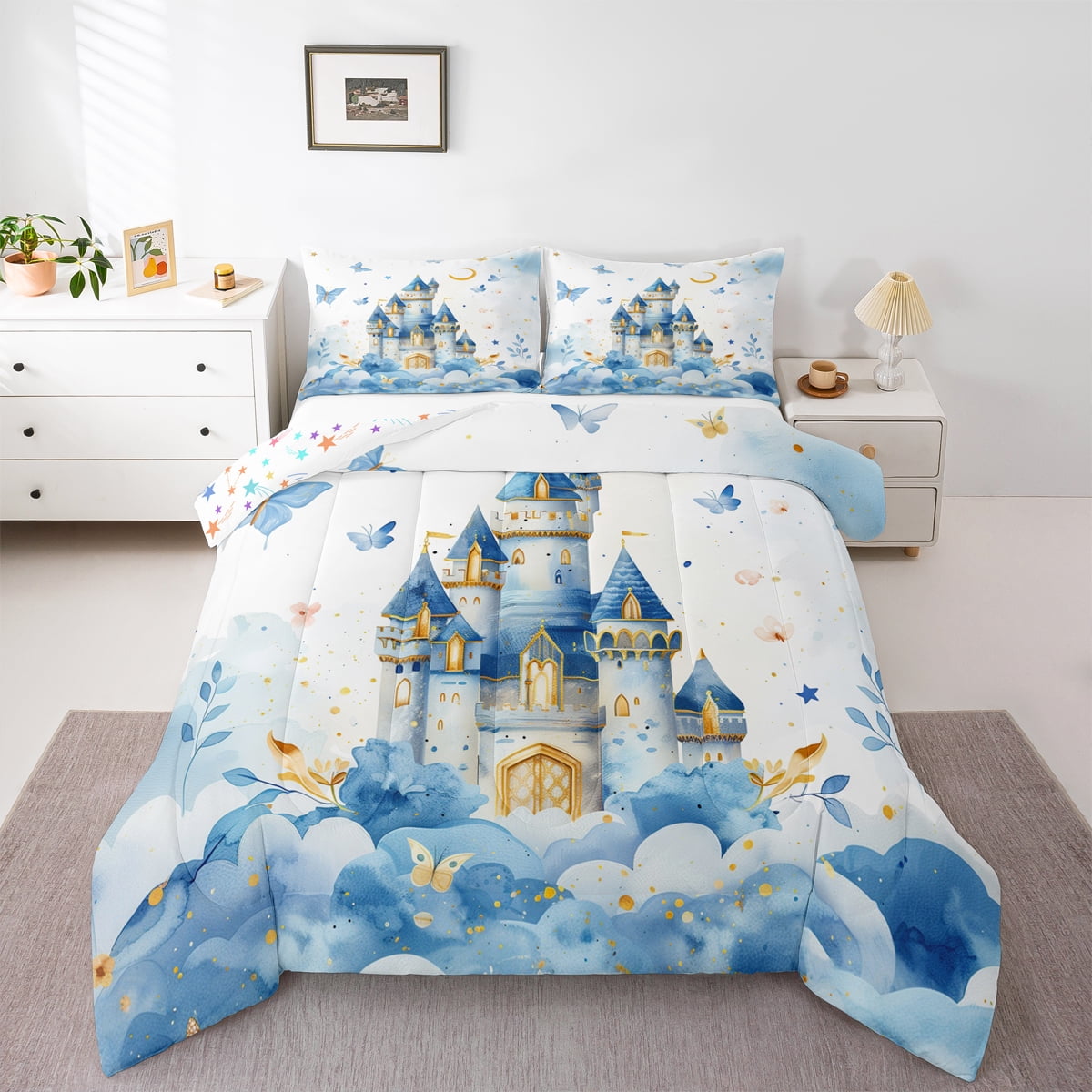 jejeloiu Cartoon Castle Full Size Comforter Sets,Blue Cute Butterfly ...