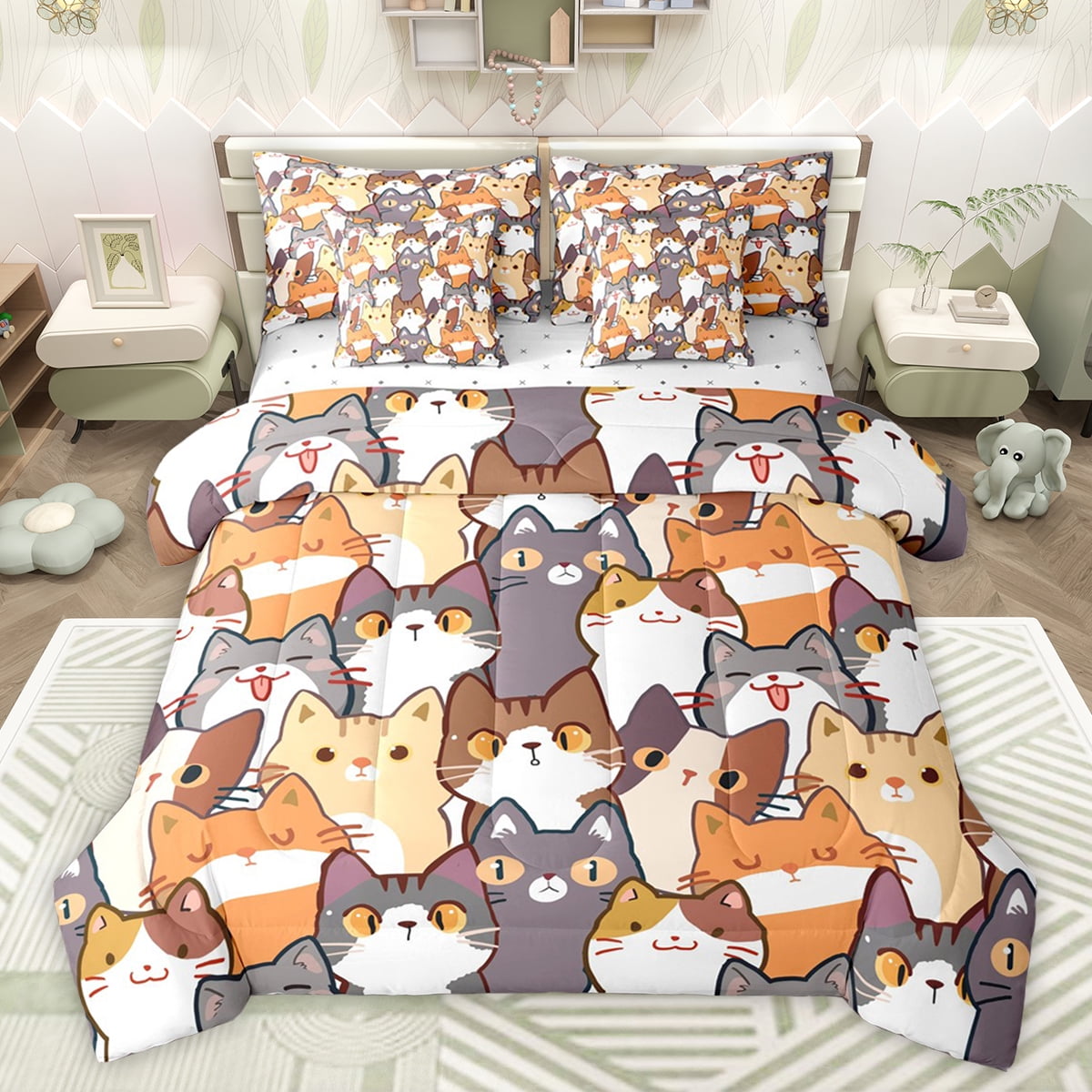 jejeloiu Cartoon Cat Kitten 7 Pieces Bedding Comforter Set,Kawaii Cute ...