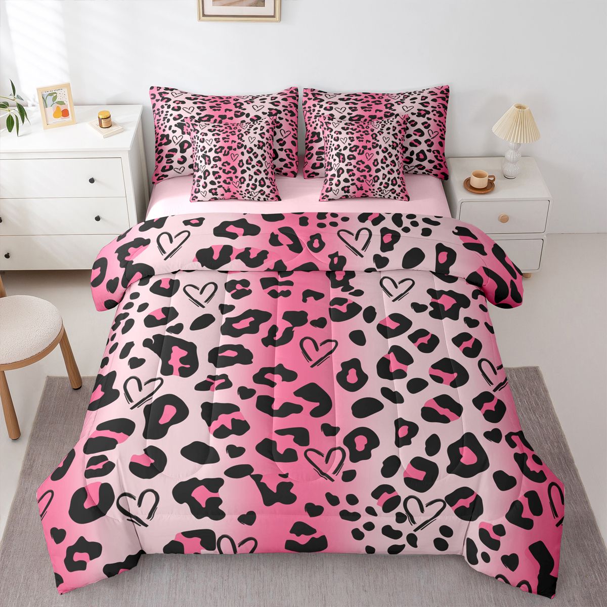 jejeloiu Cartoon Cheetah Print 7-Piece Bedding Comforter Set,Cute Loves ...