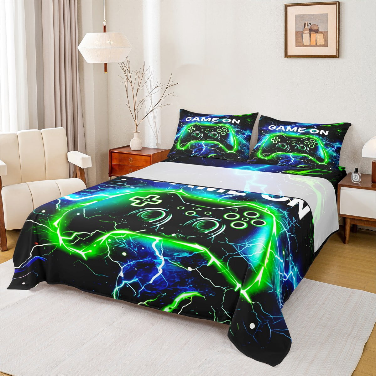 jejeloiu Cartoon Console Gamepad Bed Sheets,Green Blue Lightning King ...