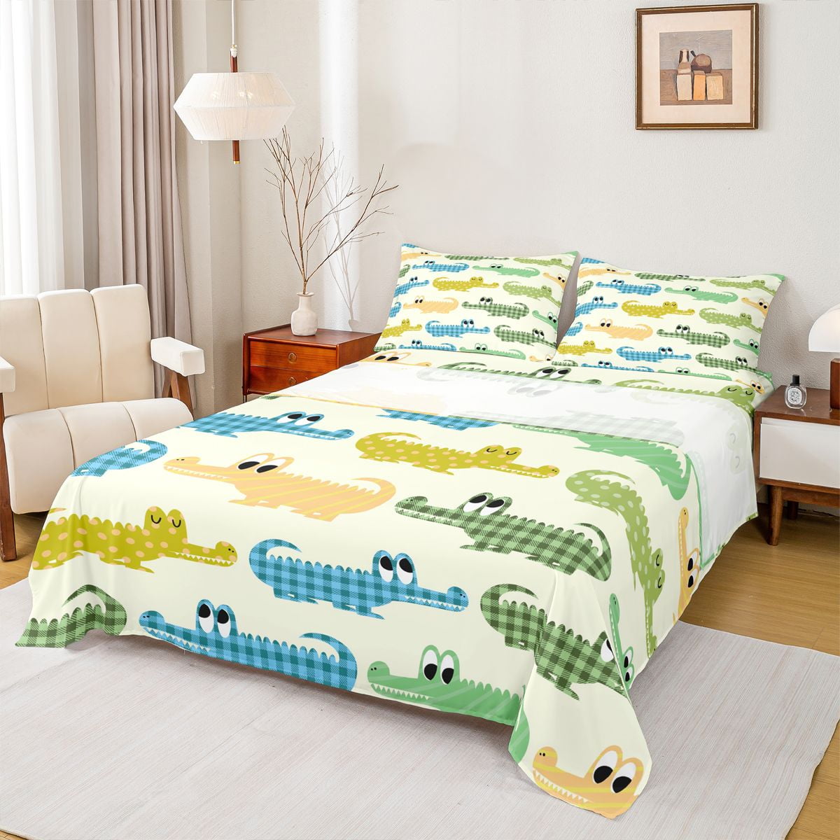 jejeloiu Cartoon Crocodile Twin Sheet Sets,Modern Geometric Plaid ...