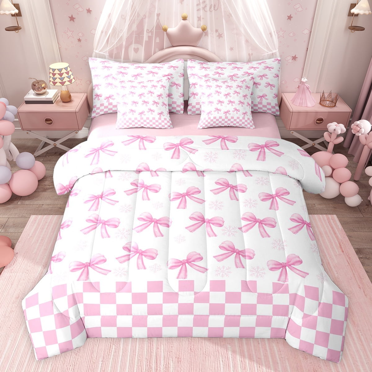 jejeloiu Cartoon Cute Bowknot 7pcs Bedding Comforter Set,Girl Pink ...
