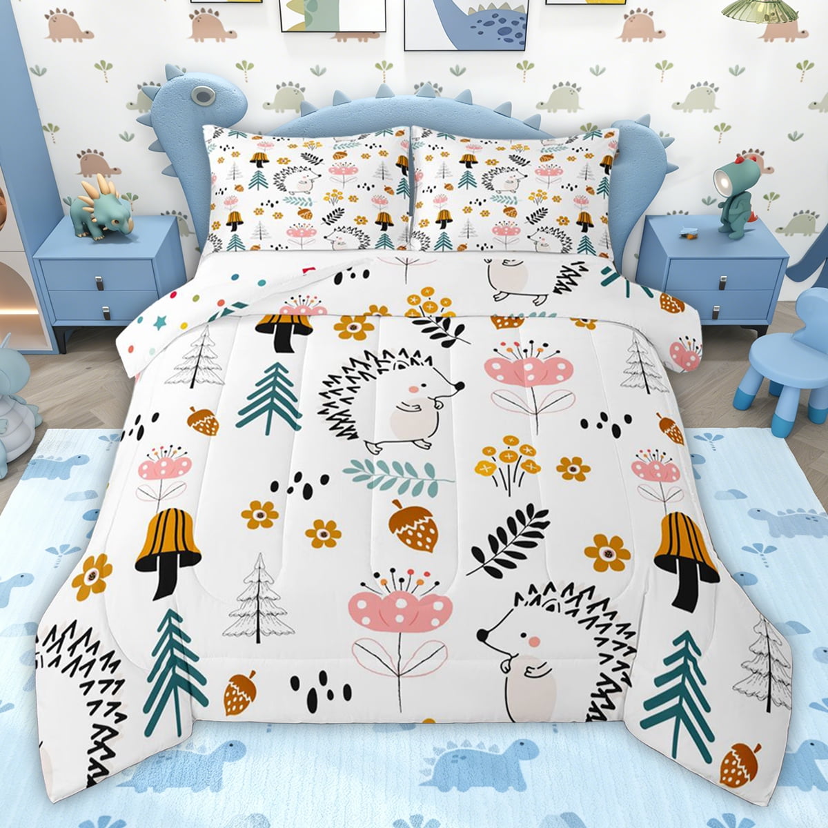 jejeloiu Cartoon Cute Hedgehog Queen Comforter Set,Rustic Leaf Kawaii ...