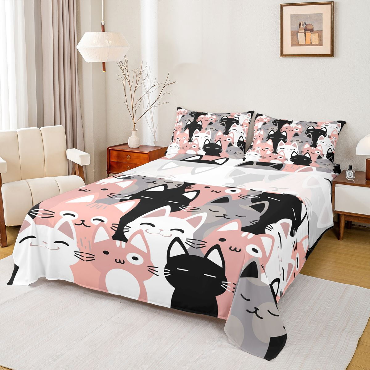 jejeloiu Cartoon Cute Kitten Full Size Sheets,Kawaii Pet Cat Bed Sheets ...