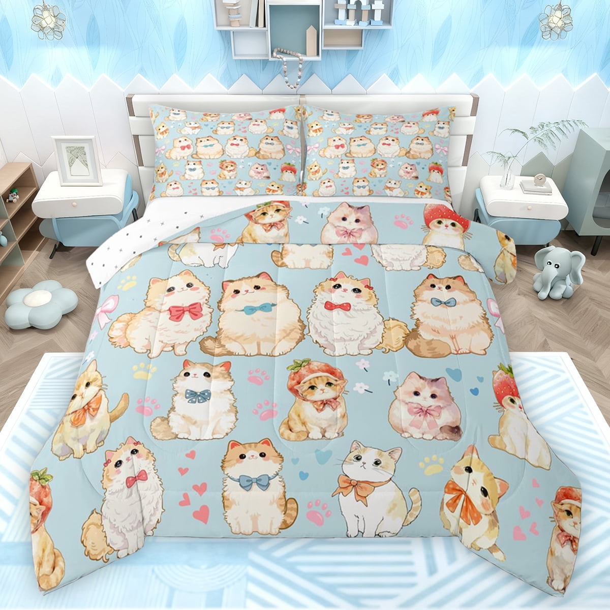 jejeloiu Cartoon Cute Kitten Queen Comforter Set,Kawaii Pet Cat Bedding ...