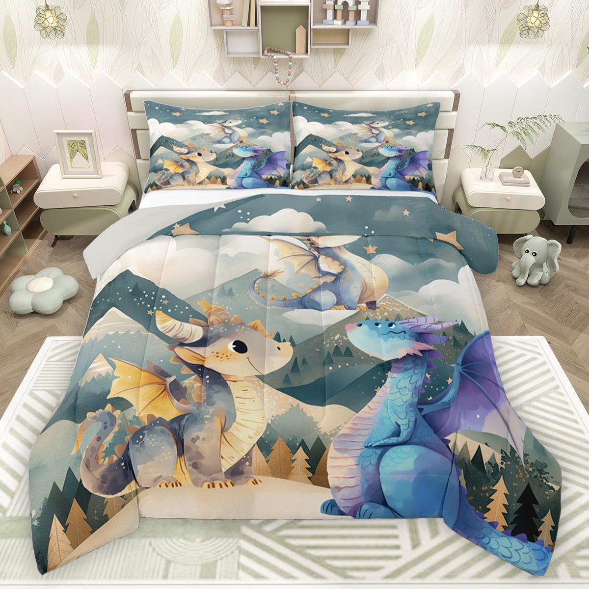 jejeloiu Cartoon Dragon Full Size Comforter Sets,Kawaii Animal Bedding ...