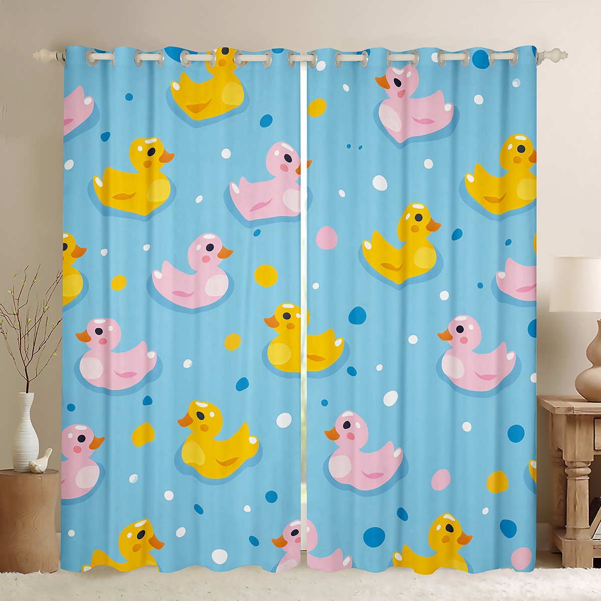 jejeloiu Cartoon Duck Curtains and Drapes,Colorful Polka Dots Black Out ...