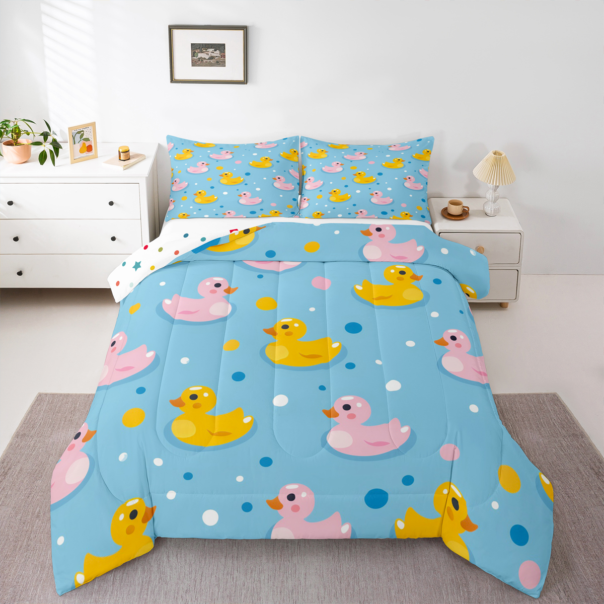 jejeloiu Cartoon Duck Full Size Comforter Sets,Colorful Polka Dots ...
