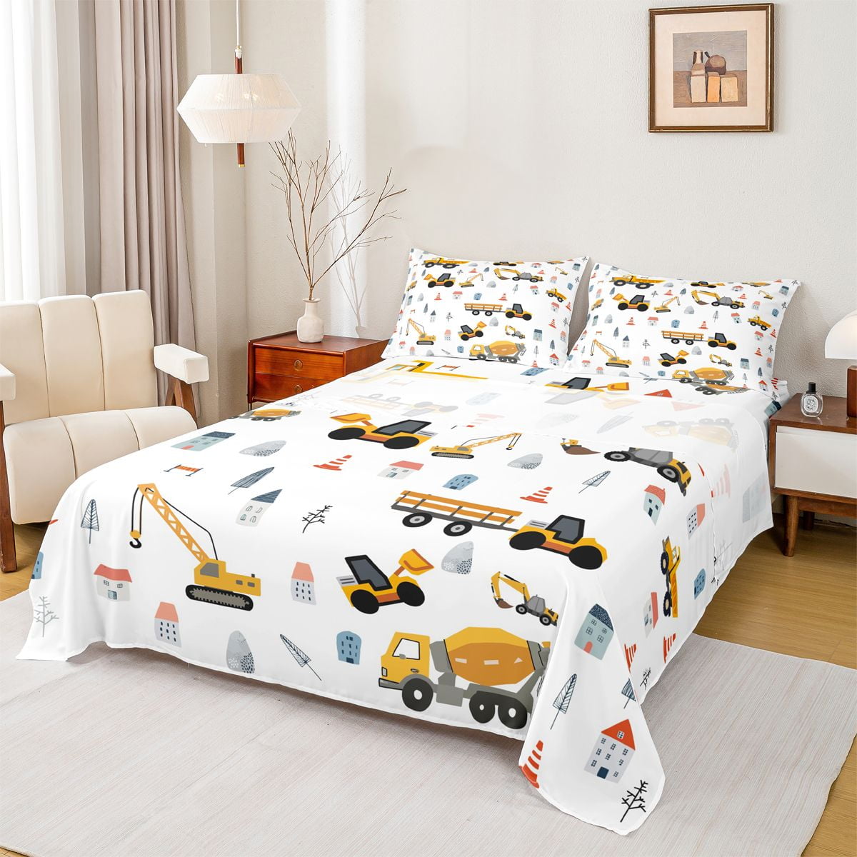 jejeloiu Cartoon Excavator Truck Bed Sheets,Construction Vehicles King ...