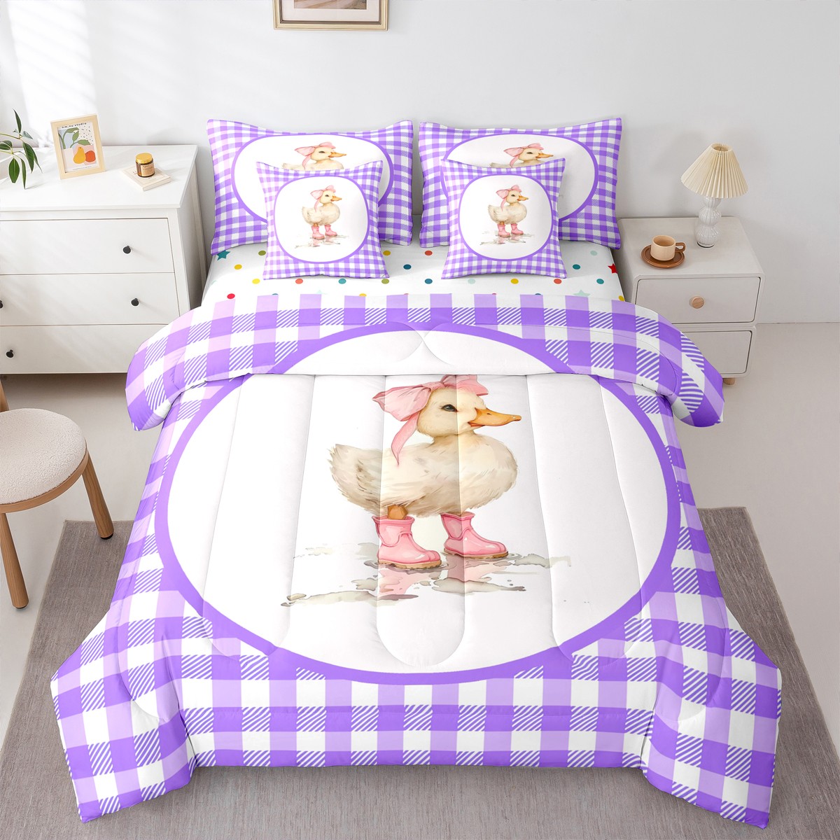 jejeloiu Cartoon Farm Duck Bedding Comforter Set 7-Piece,Kawaii Bow ...