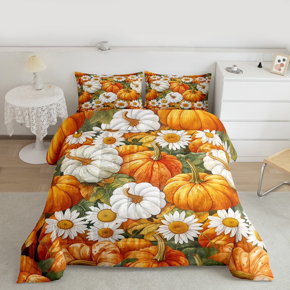 jejeloiu Cartoon Flower Daisy Full Size Comforter Sets,Orange Pumpkin ...