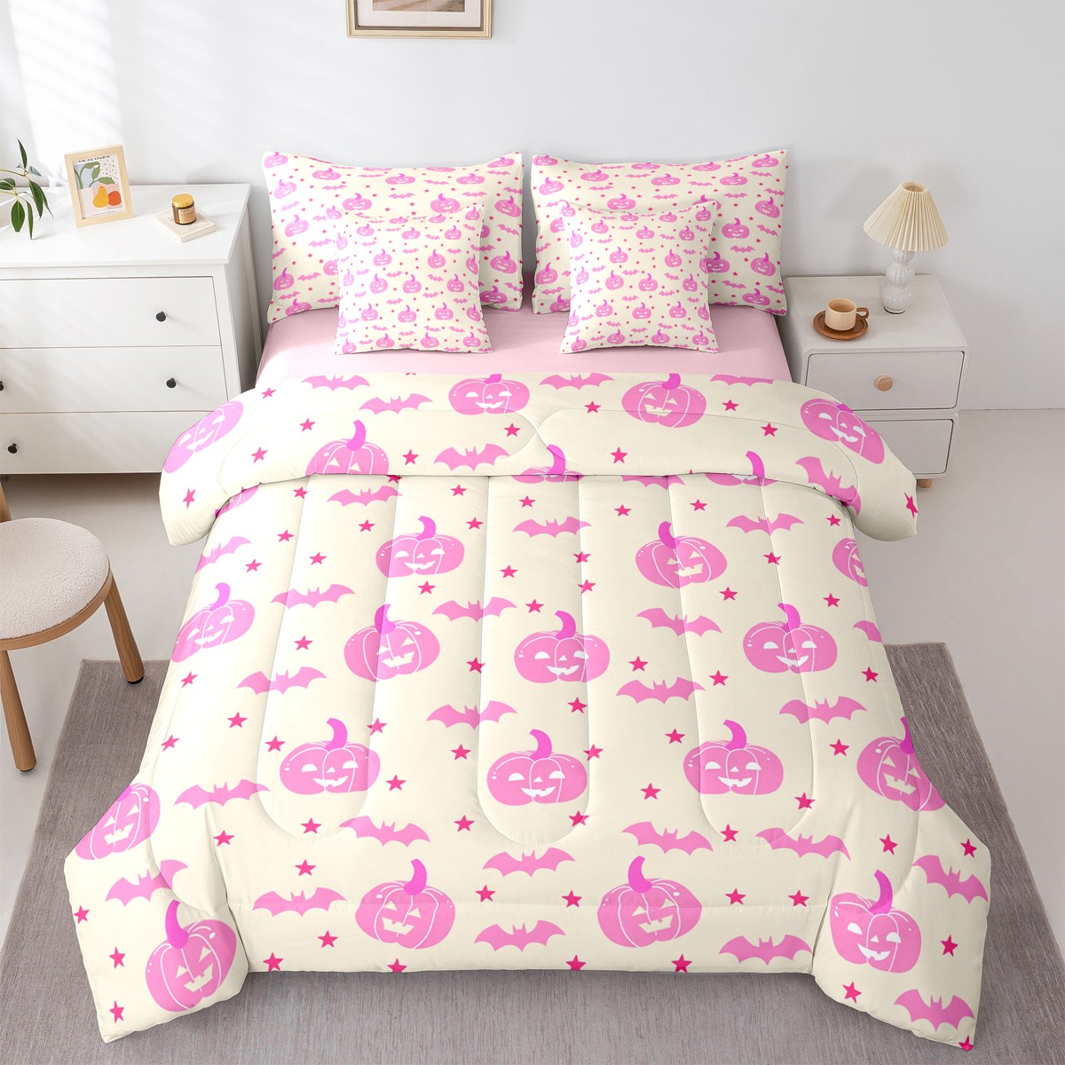 jejeloiu Cartoon Ghost Twin Bedding Sets 7-Piece,Halloween Bats Bedding ...