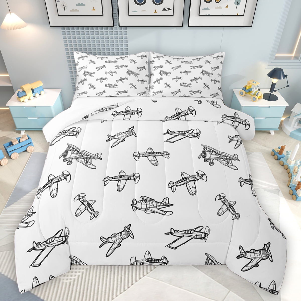 jejeloiu Cartoon Graffiti Airplane Bedding Comforter Set,Retro Flying ...