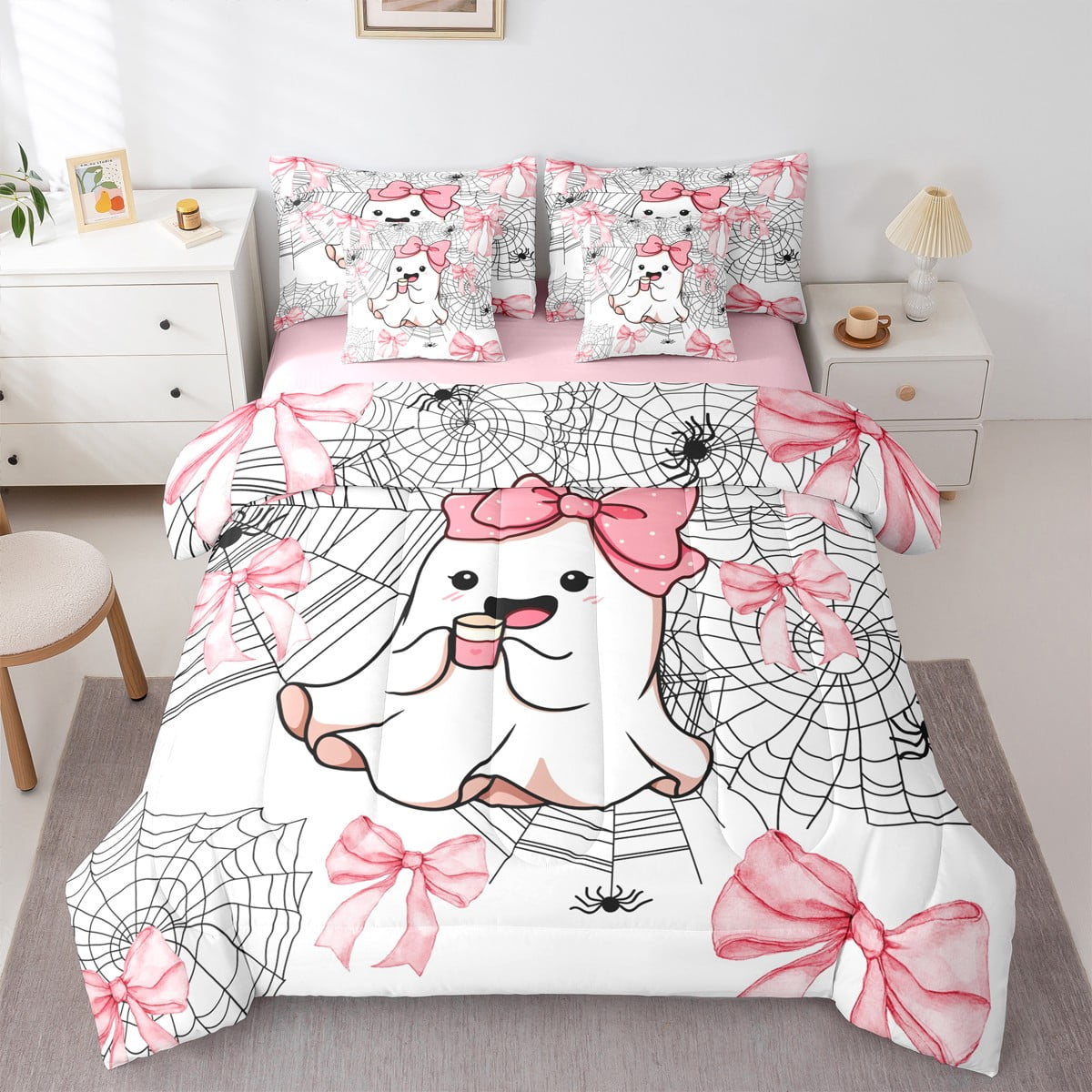jejeloiu Cartoon Halloween Ghost Bedding Comforter Set 7 Pieces,Pink ...