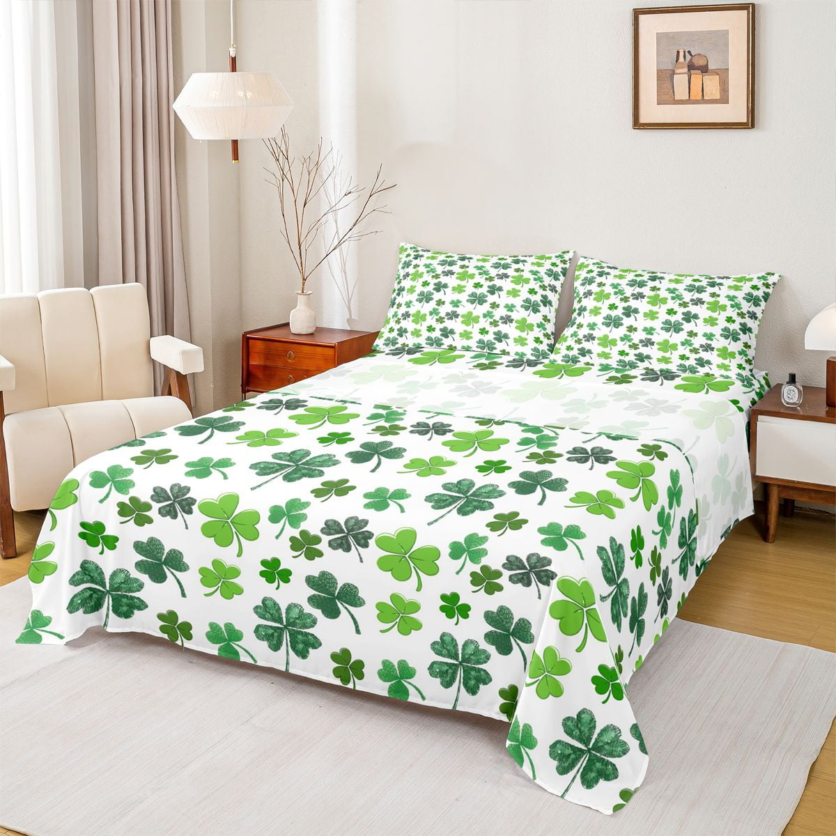 jejeloiu Cartoon Lucky Clover Leaf Bed Sheets,St.Patrick Day Theme King ...