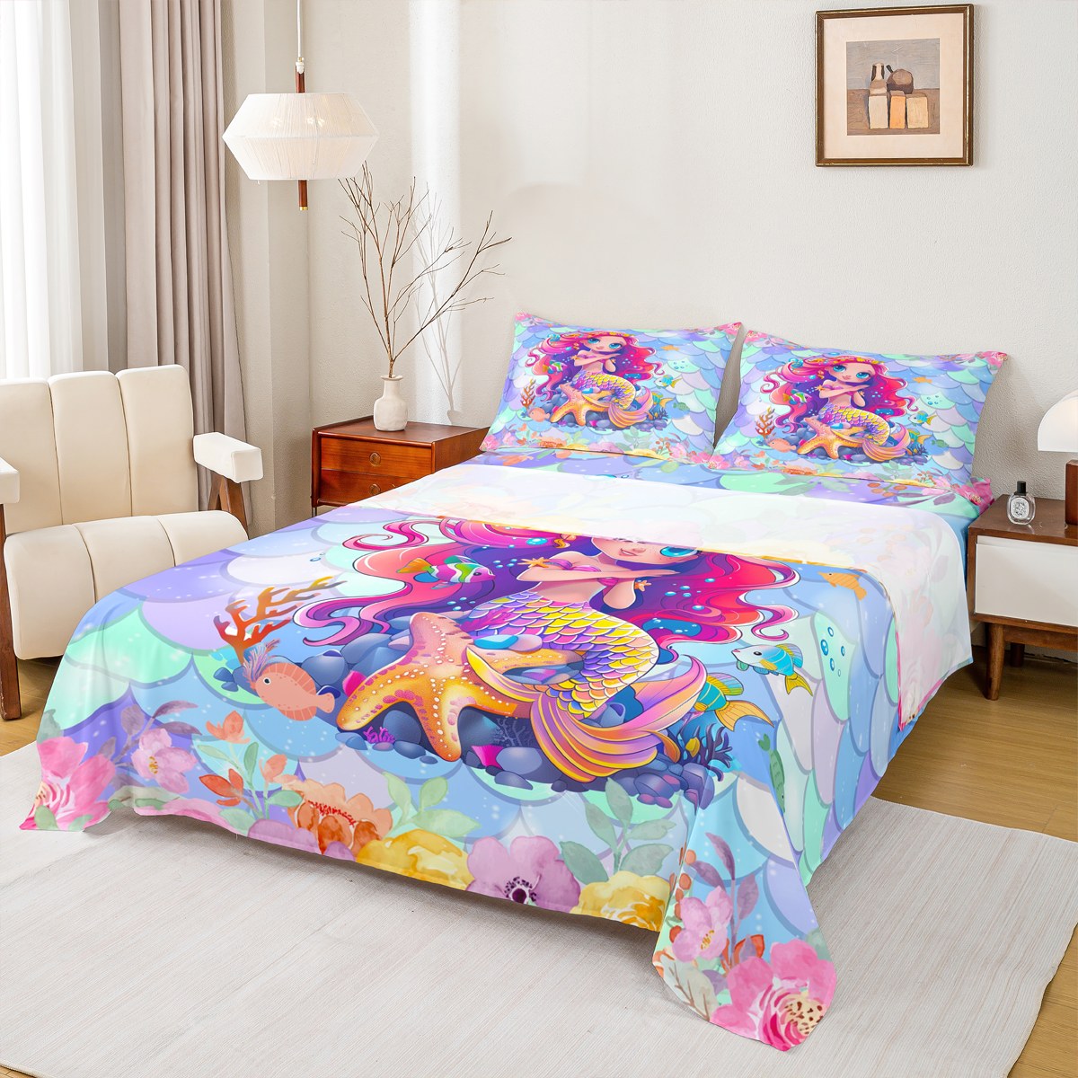 jejeloiu Cartoon Mermaid Full Size Sheets,Watercolor Flower Floral Bed ...