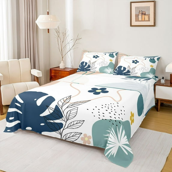 jejeloiu Cartoon Monstera Leaf Full Size Sheets,Kawaii Daisy Blossom Bed Sheets,Abstract ...