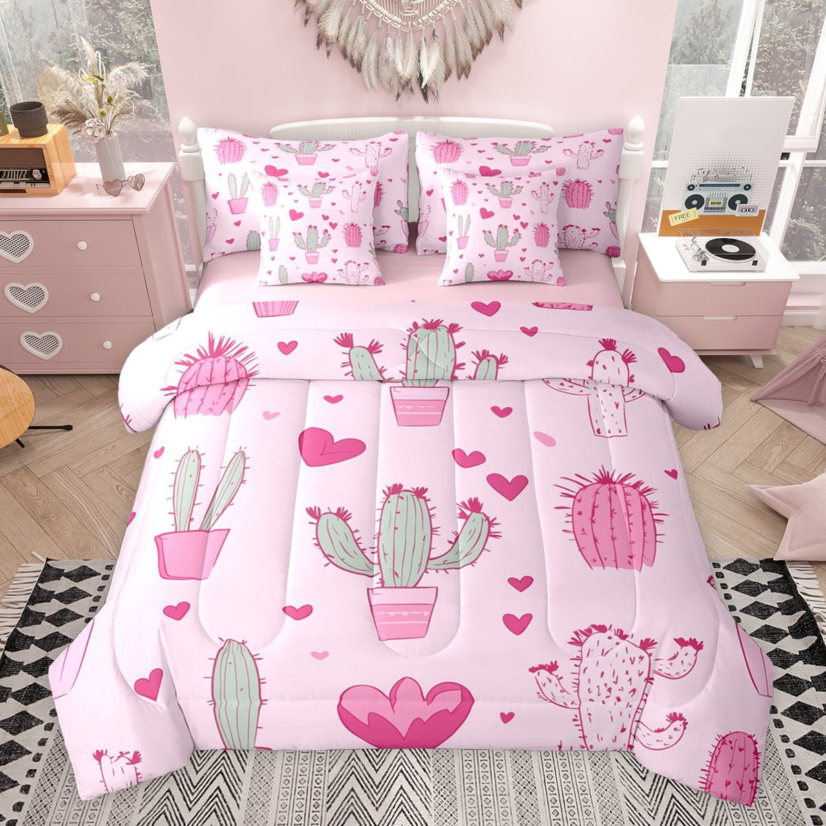 jejeloiu Cartoon Plant Cactus 7-Piece Bedding Comforter Set,Pink Lover ...