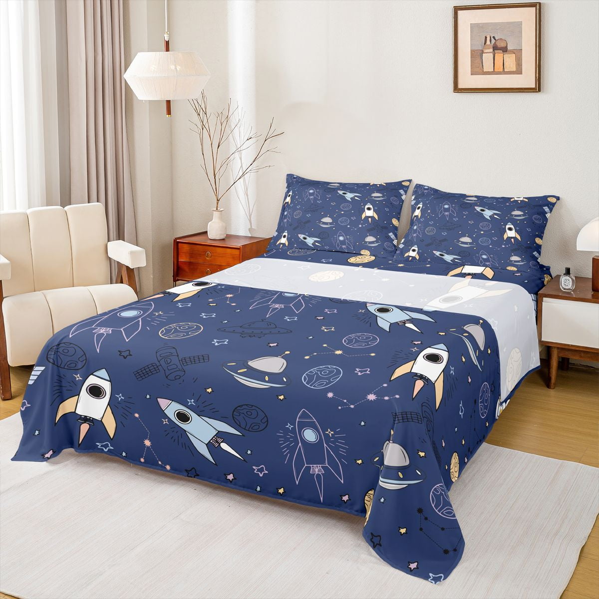 jejeloiu Cartoon Rocket Planet Bed Sheets,Space Theme King Sheets For ...