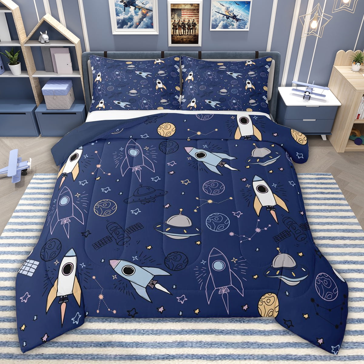 jejeloiu Cartoon Rocket Planet Queen Comforter Set,Space Theme Bedding ...