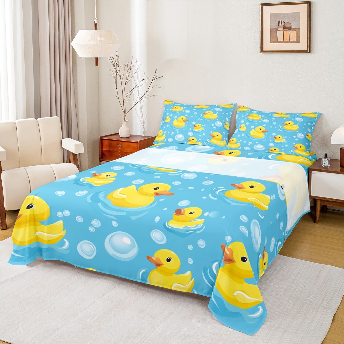 jejeloiu Cartoon Rubber Duck Full Size Sheets,Kawaii Ducks Bed Sheets ...