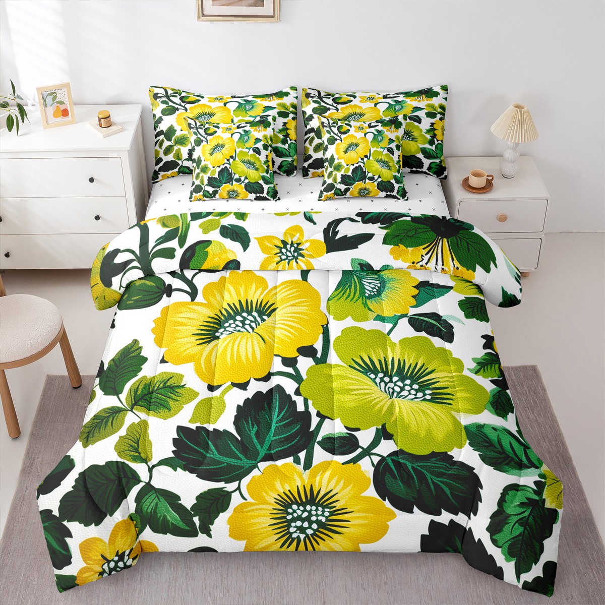 jejeloiu Cartoon Rustic Floral Bedding Comforter Set 7-Piece,Monstera ...