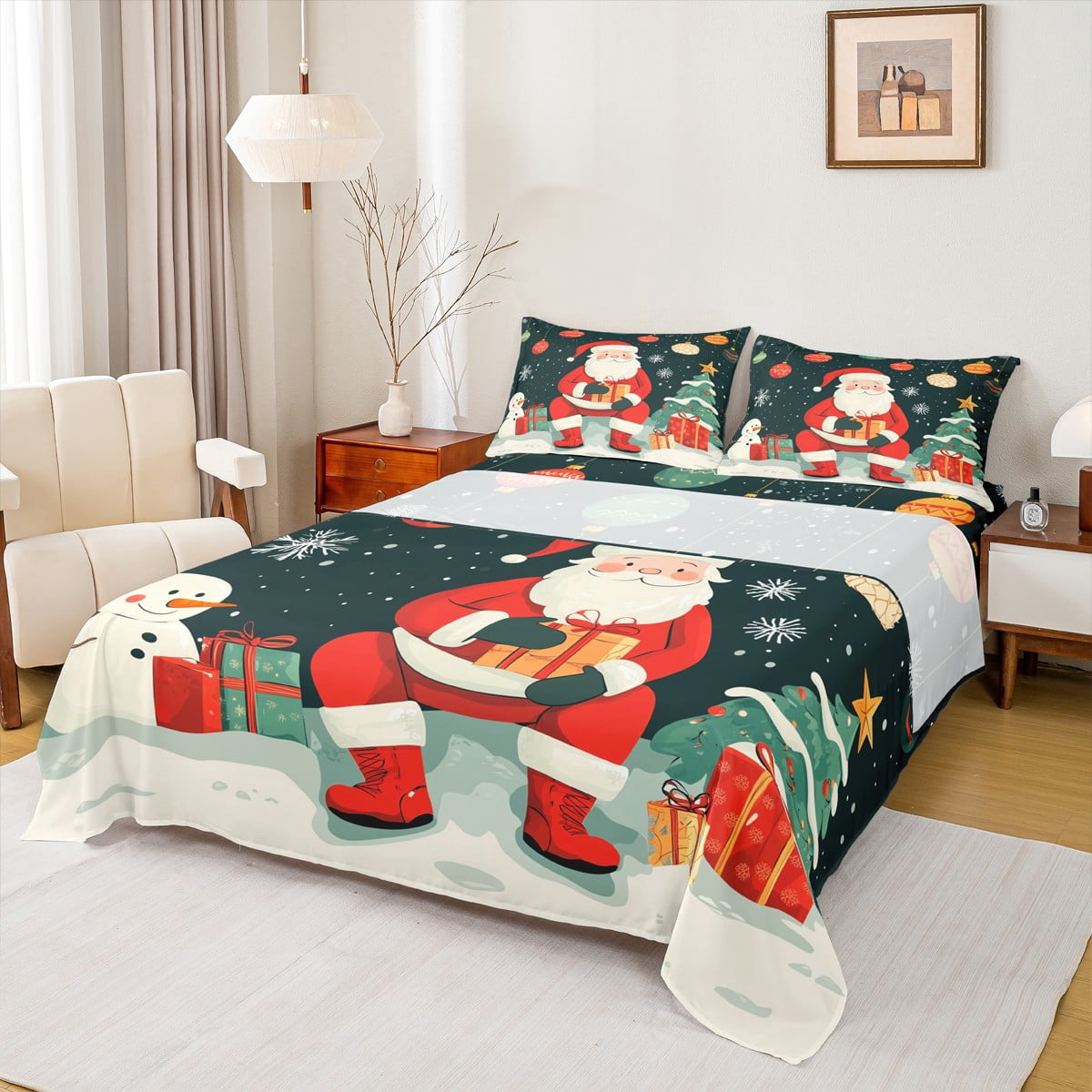 jejeloiu Cartoon Santa Claus Bed Sheets,Lovely Xmas Snowman King Sheets ...