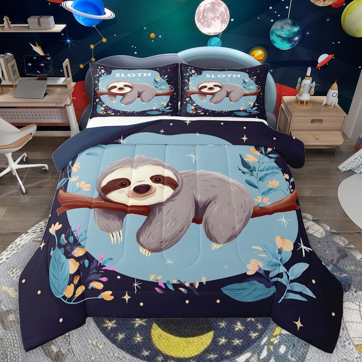 jejeloiu Cartoon Sloth Queen Comforter Set,Retro Rustic Flower Bedding ...