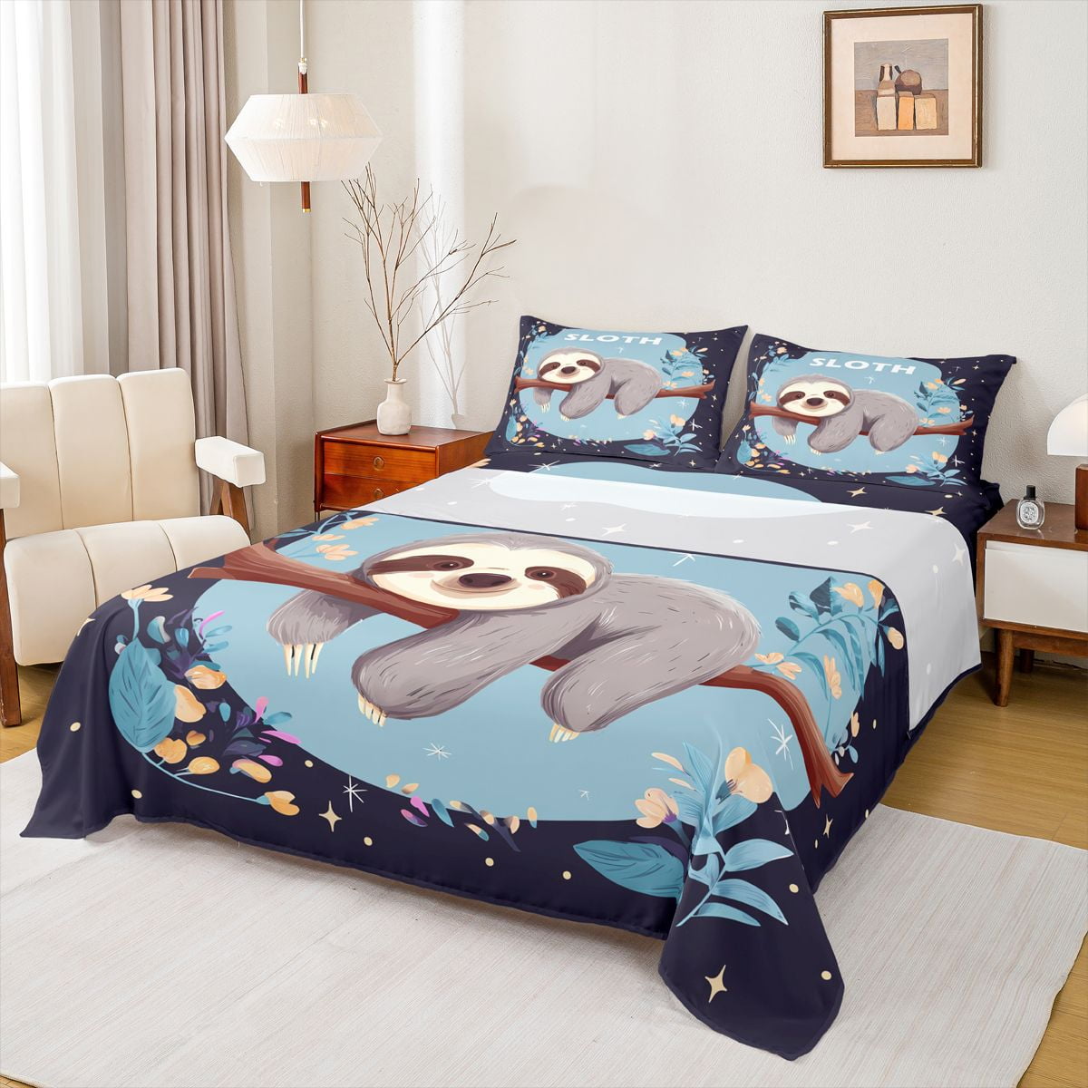 jejeloiu Cartoon Sloth Twin Sheet Sets,Retro Rustic Flower Twin Fitted ...