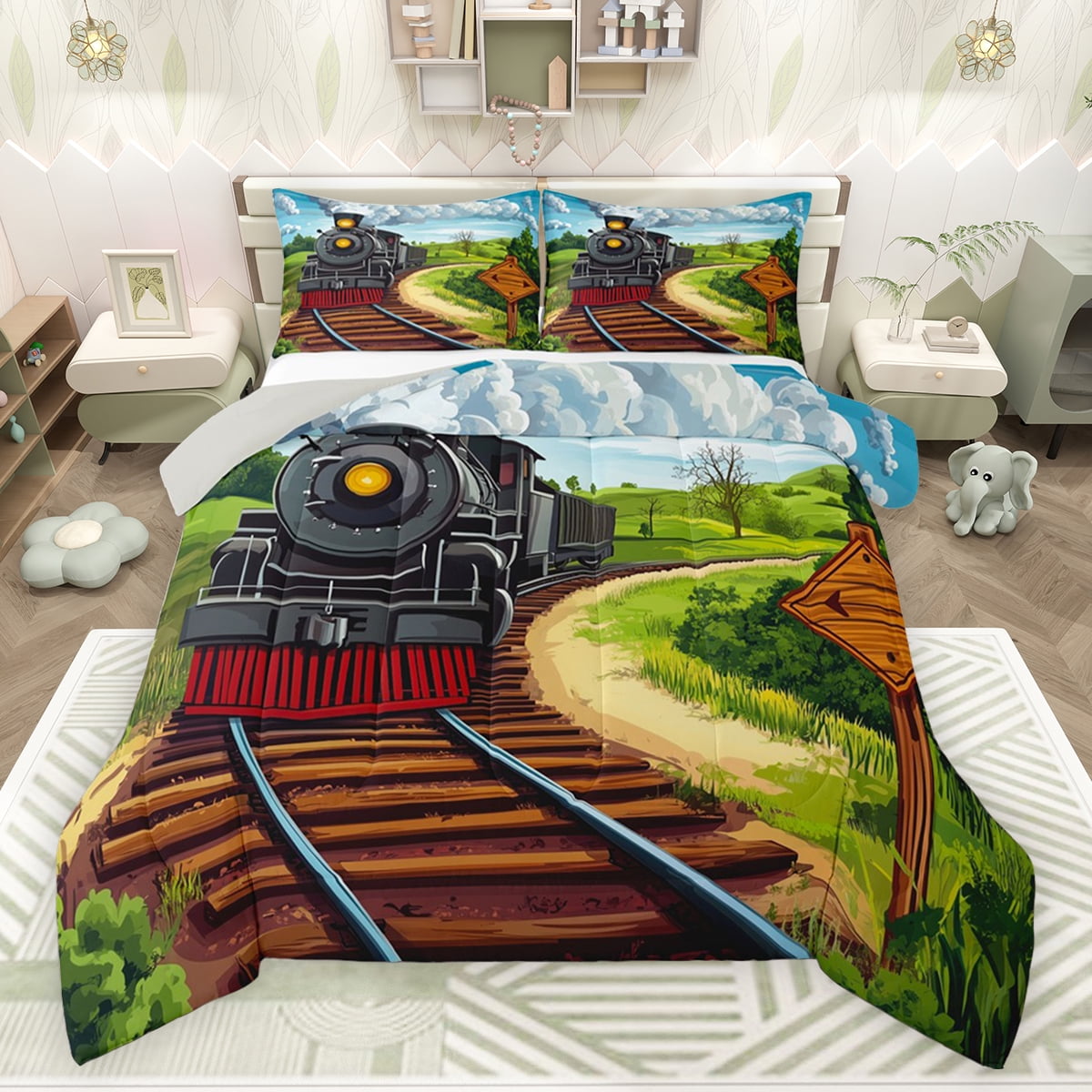jejeloiu Cartoon Train Bedding Comforter Set,Railway Trck Twin ...
