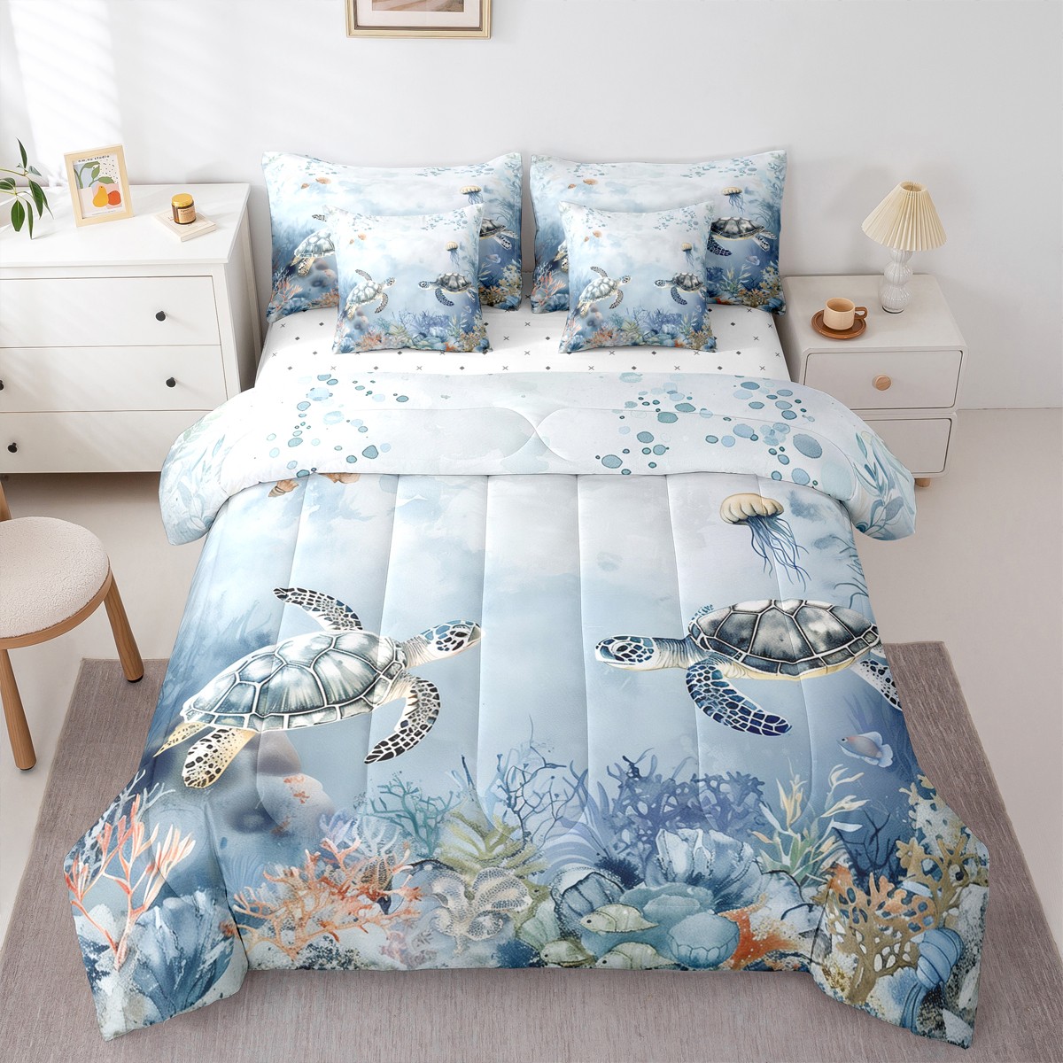 jejeloiu Cartoon Turtle Bedding Comforter Set 7-Piece,Watercolor ...