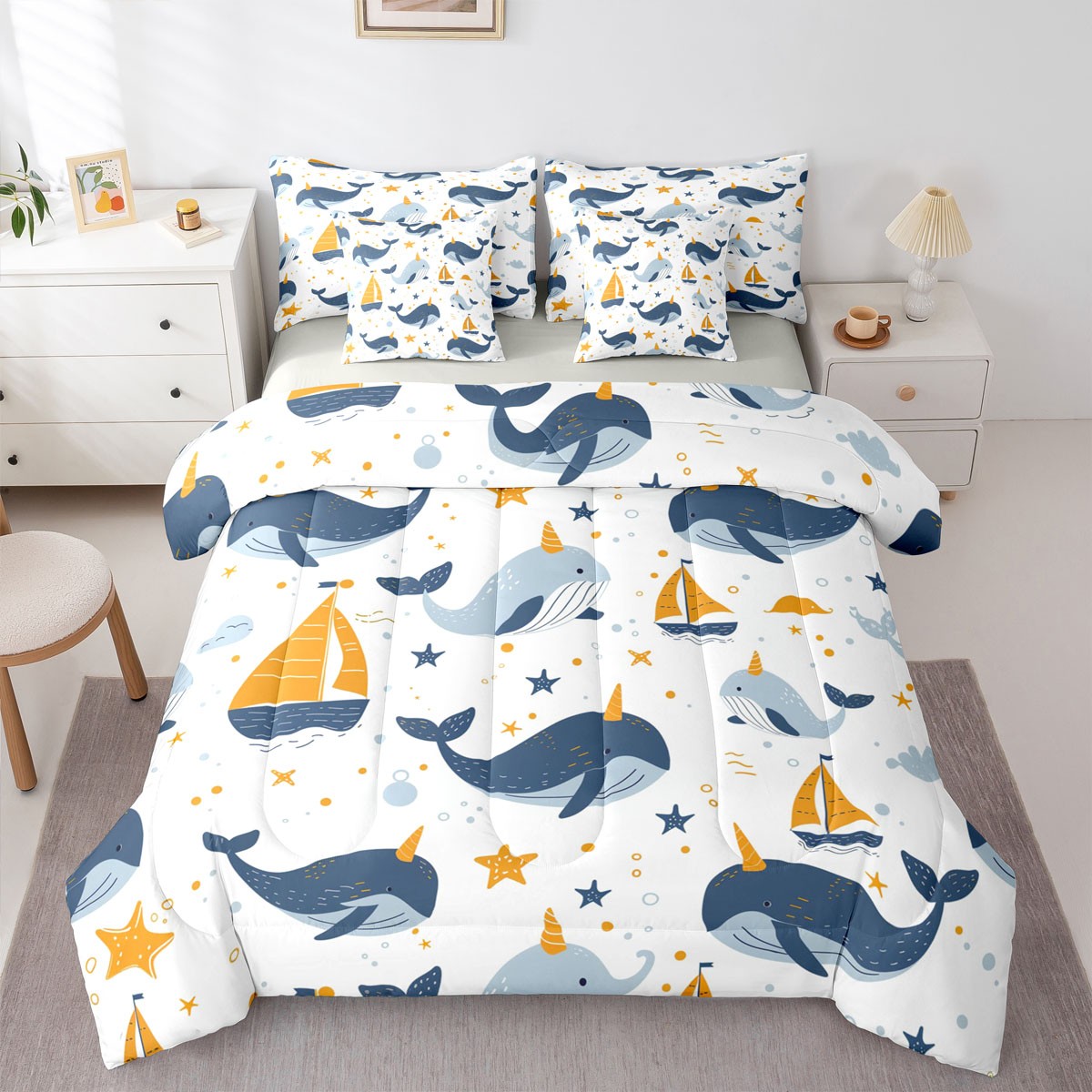 jejeloiu Cartoon Whale Starfish Bedding Comforter Set 7-Piece,Nautical ...