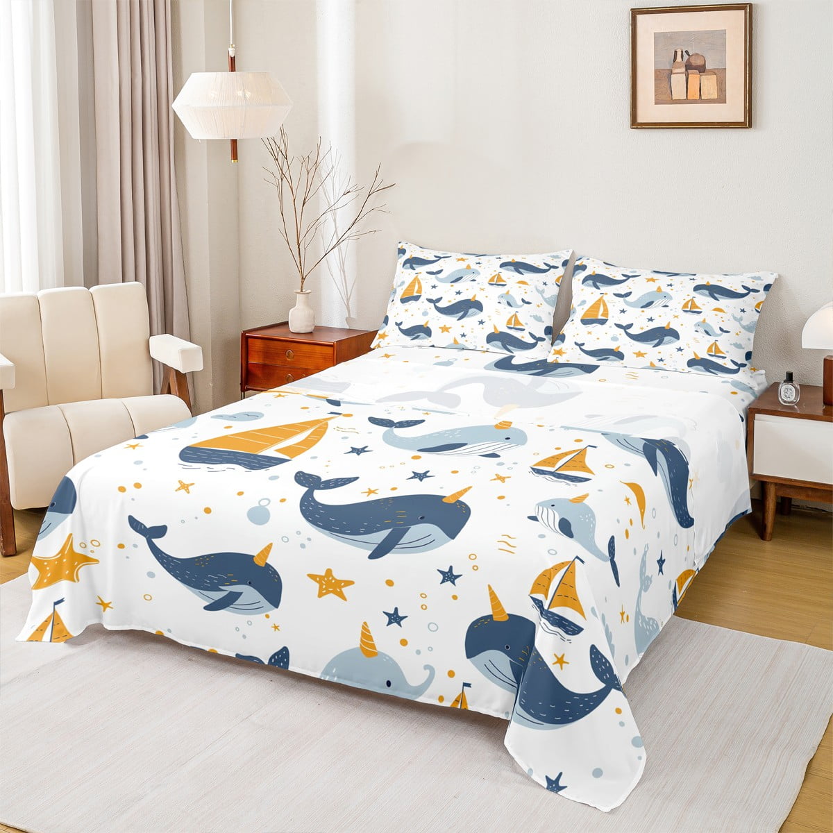 jejeloiu Cartoon Whale Starfish Twin Sheet Sets,Nautical Sailboat Twin ...
