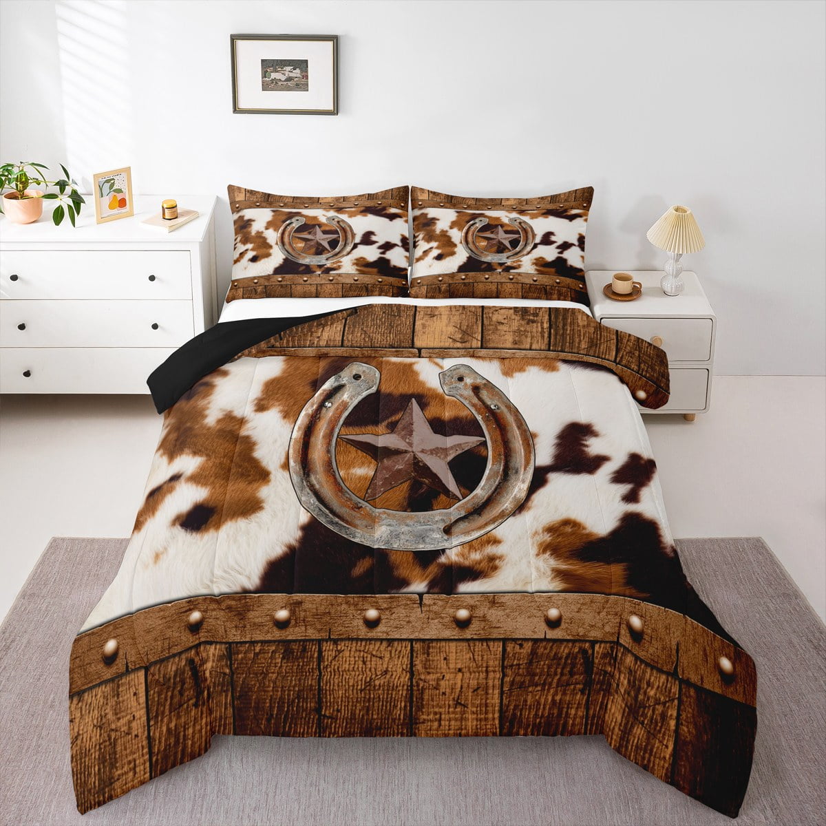 jejeloiu Cattle Cowhide Full Size Comforter Sets,Ancient Farm Horseshoe ...